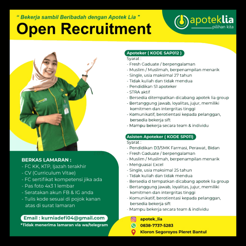 Lowongan Kerja Apoteker - Asisten Apoteker di Apotek Lia - LokerJogja.ID Lowongan Kerja Apoteker - Asisten Apoteker di Apotek Lia - LokerJogja.ID