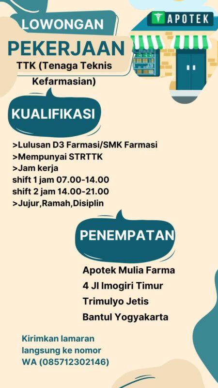 Lowongan Kerja Tenaga Teknis Kefarmasian di Apotek Mulia Farma 4 - LokerJogja.ID