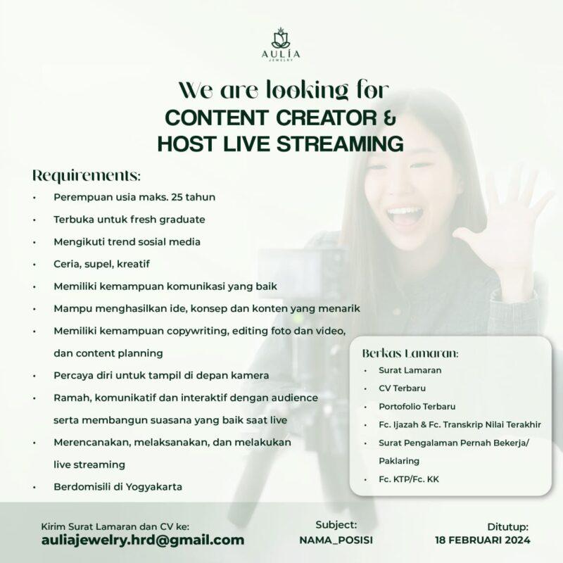 Lowongan Kerja Content Creator & Host Live Streaming di Aulia Jewelry - LokerJogja.ID