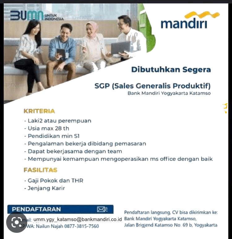 Lowongan Kerja Sales Generalis (SG) di Bank Mandiri Katamso - LokerJogja.ID