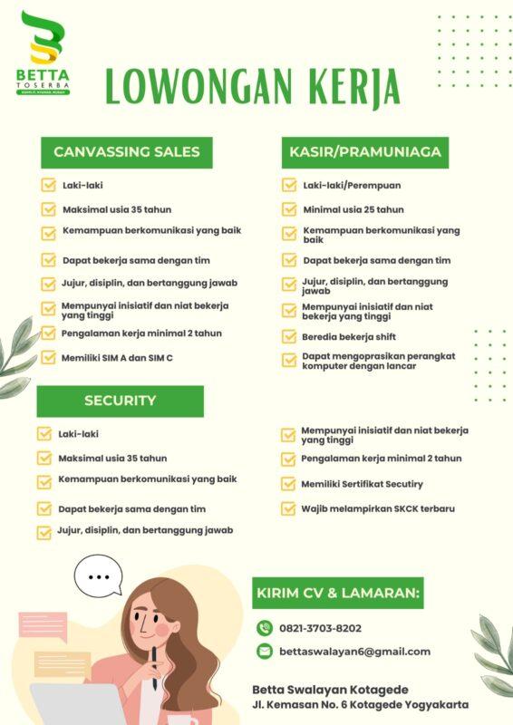 Lowongan Kerja Canvassing Sales - Kasir - Pramuniaga - Security di Betta Swalayan - LokerJogja.ID