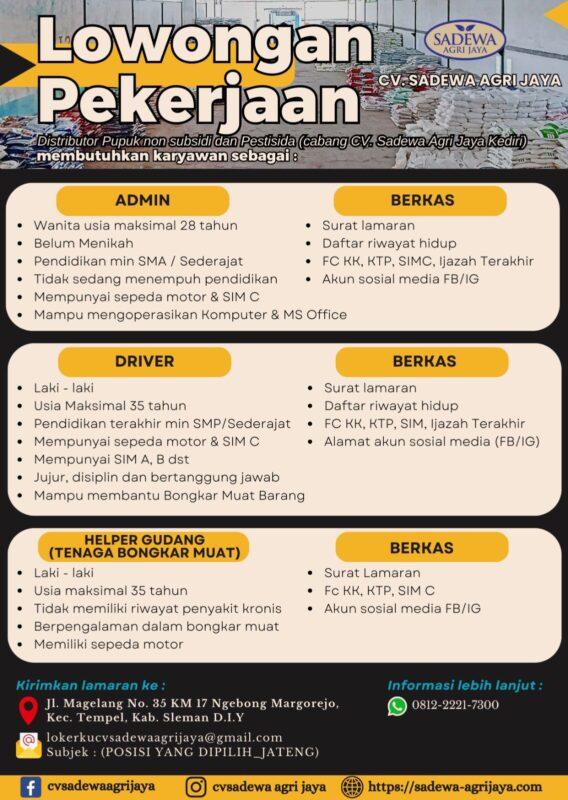 Lowongan Kerja Admin - Driver - Helper Gudang di CV. Sadewa Agri Jaya ...