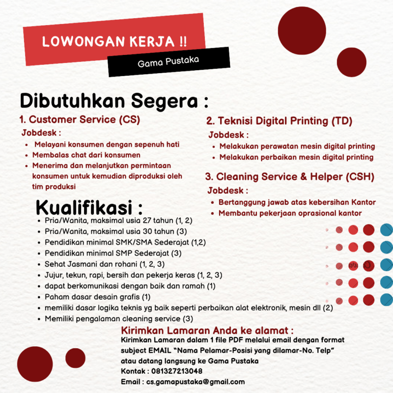 Lowongan Kerja Customer Service - Teknisi Mesin Digital Printing - Cleaning Service & Helper di ...