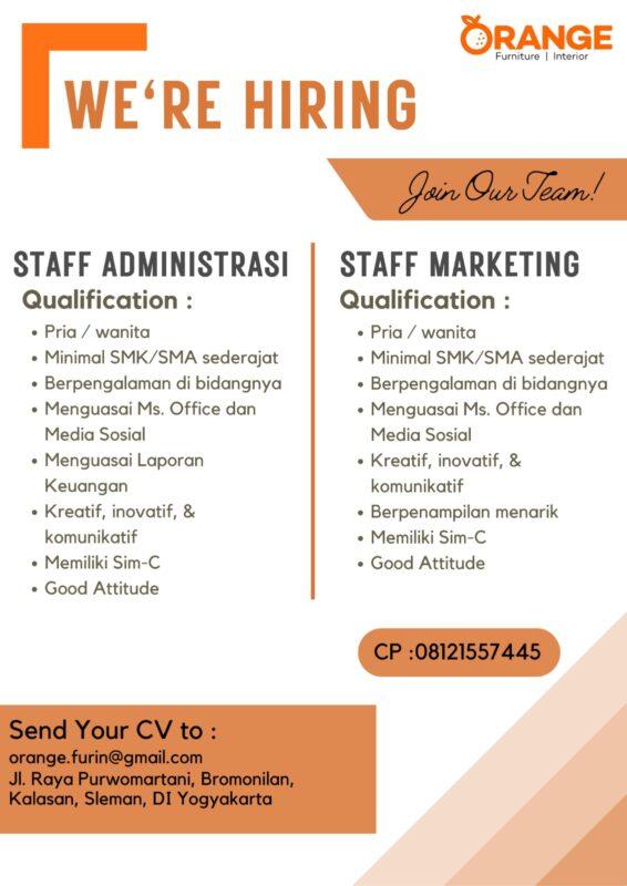 Lowongan Kerja Staf Administrasi - Staf Marketing di Orange Furniture ...
