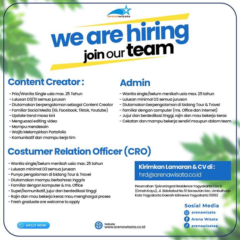 Lowongan Kerja Content Creator - Admin - Costumer Relation Officer (CRO) - Driver - Serabutan di ...