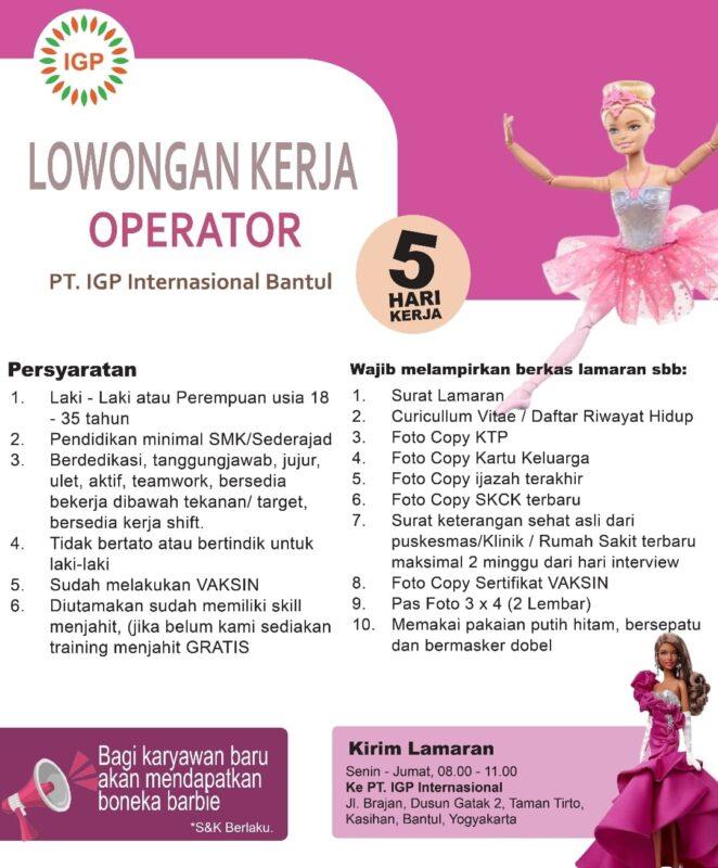 Lowongan Kerja Operator di PT. IGP Internasional Bantul - LokerJogja.ID