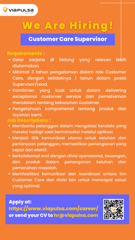 Lowongan Kerja Customer Care Supervisor di PT. Viapulsa Global Indonesia - LokerJogja.ID
