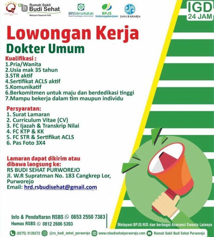 Lowongan Kerja Dokter Umum di RS Budi Sehat Purworejo - LokerJogja.ID Lowongan Kerja Dokter Umum di RS Budi Sehat Purworejo - LokerJogja.ID
