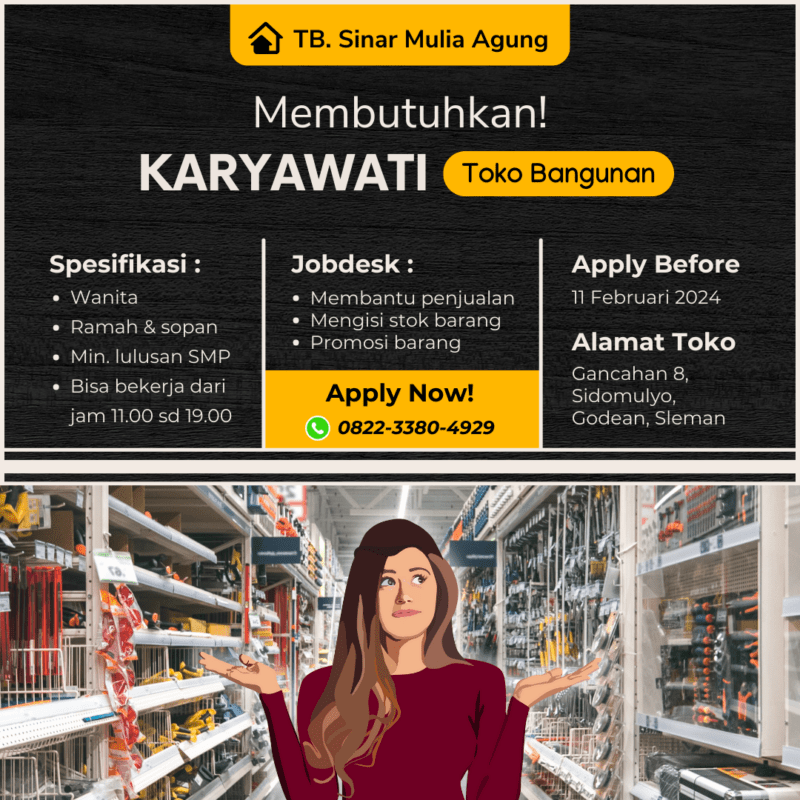 Lowongan Kerja Karyawati Toko Bangunan di TB. Sinar Mulia Agung ...
