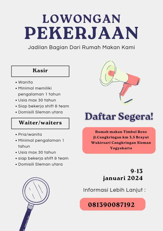 Lowongan Kerja Kasir - Waiter di RM Timbul Roso - LokerJogja.ID