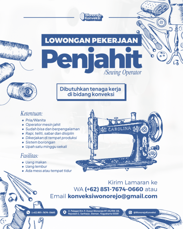 Lowongan Kerja Operator Jahit (Sewing Operator) di Wonorejo Konveksi - LokerJogja.ID