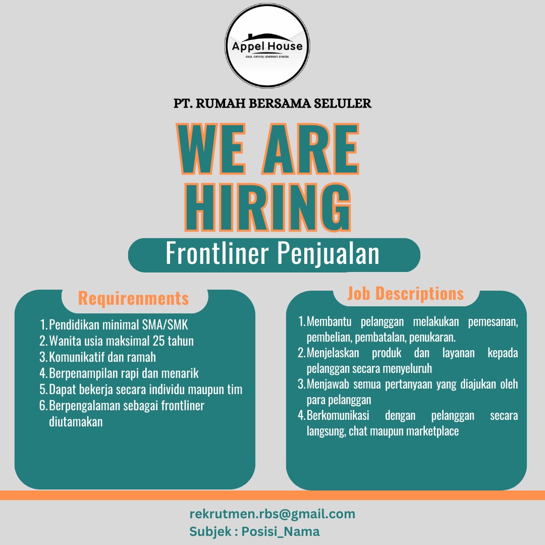 Lowongan Kerja Frontliner Penjualan - Frontliner Service di Appel House ...