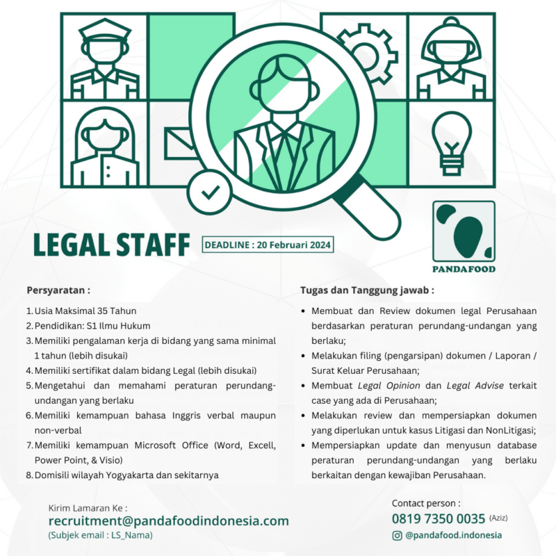 Lowongan Kerja Legal Staff di CV. Panda Food Indonesia - LokerJogja.ID