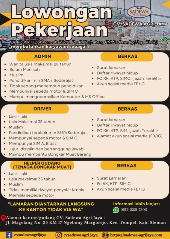 Lowongan Kerja Admin - Driver - Helper Gudang di CV. Sadewa Agri Jaya ...