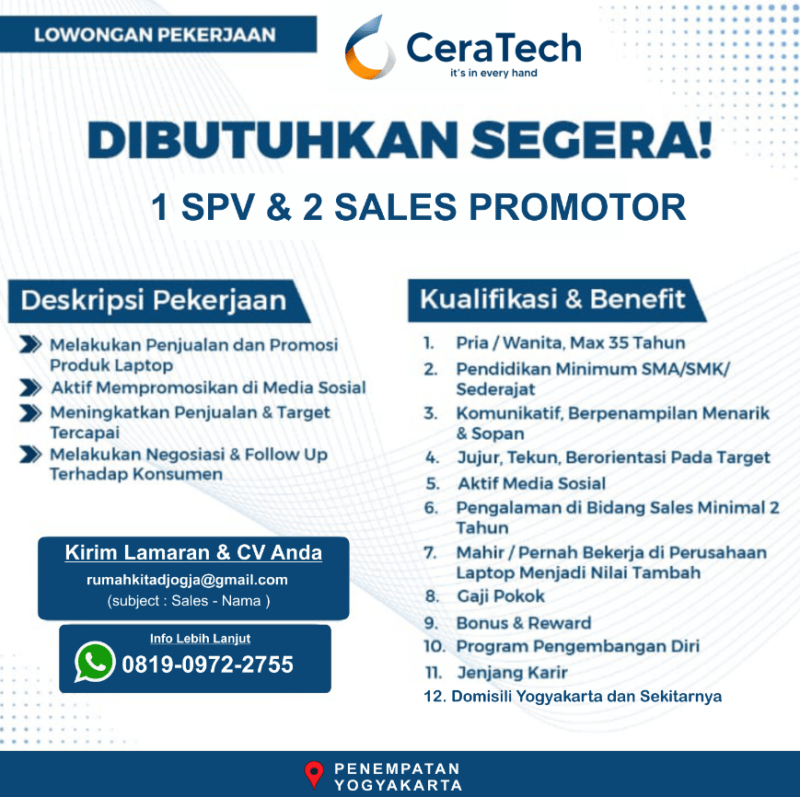 Lowongan Kerja SPV - Sales Promotor di CeraTech - LokerJogja.ID