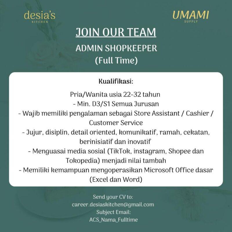 Lowongan Kerja Admin Shopkeeper di Desia's Kitchen - LokerJogja.ID
