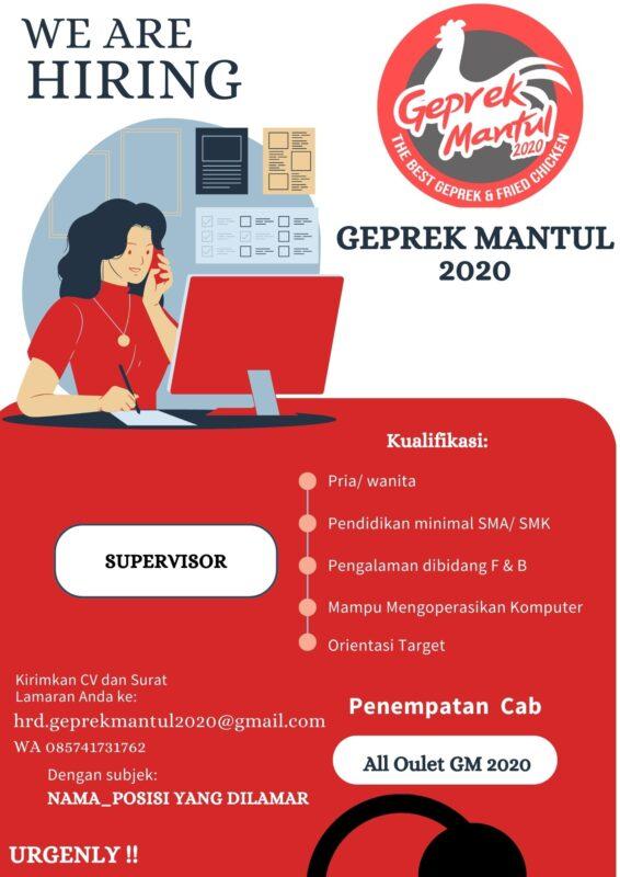 Lowongan Kerja Supervisor - Kasir - Server - Cook di Geprek Mantul 2020 ...