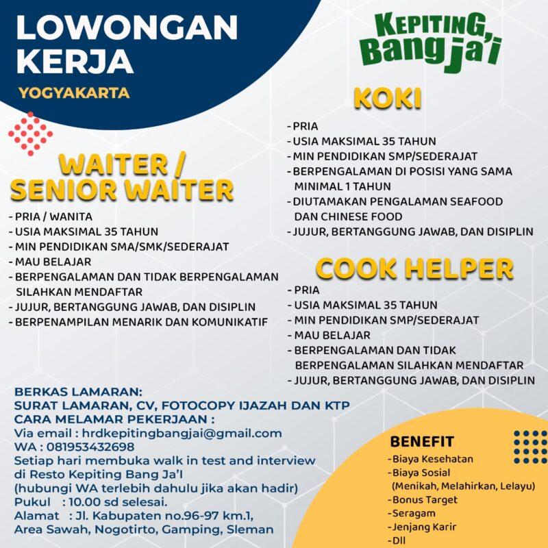 Lowongan Kerja Waiter/Senior Waiter - Koki - Cook Helper di Kepiting ...