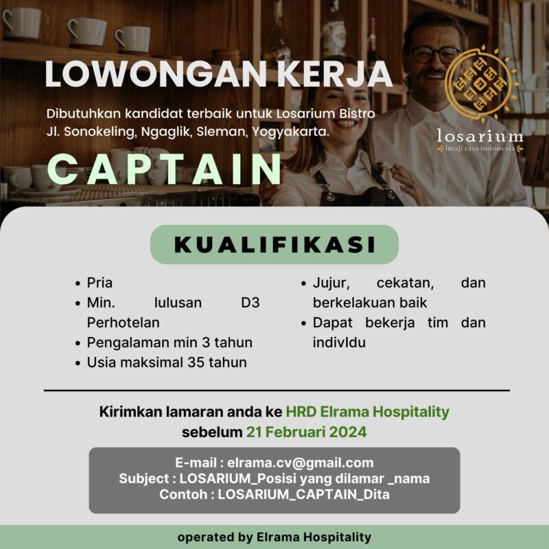 Lowongan Kerja Captain - Waiter - Bartender - Cook - Steward di Losarium - LokerJogja.ID