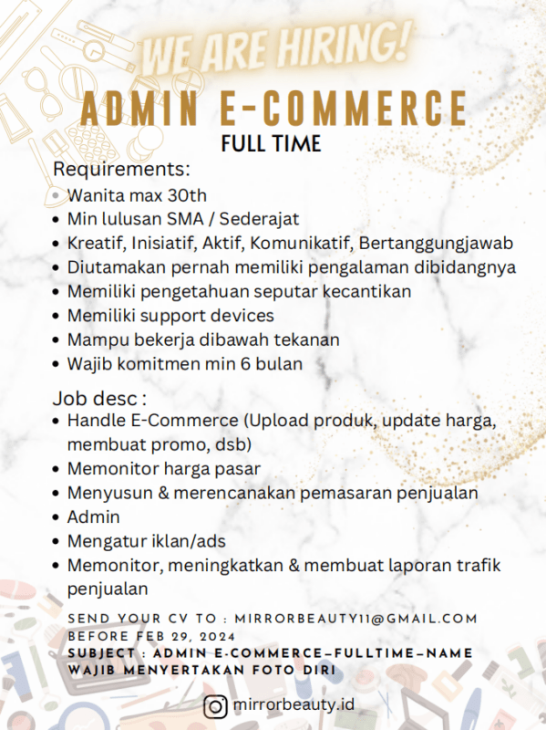Lowongan Kerja Admin E Commerce - Social Media Specialist di Mirror Beauty - LokerJogja.ID