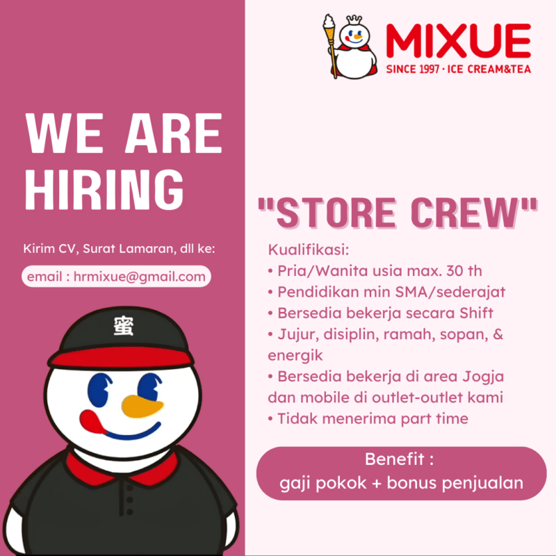 Lowongan Kerja Crew Outlet di Mixue Jogja - LokerJogja.ID
