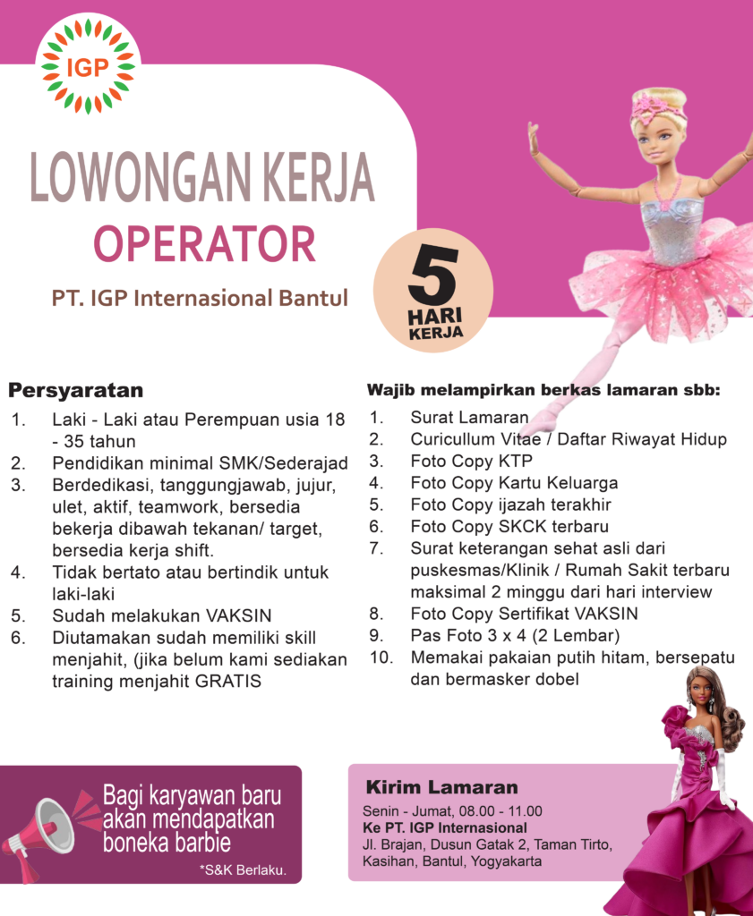 Lowongan Kerja Operator di PT. IGP Internasional Bantul - LokerJogja.ID