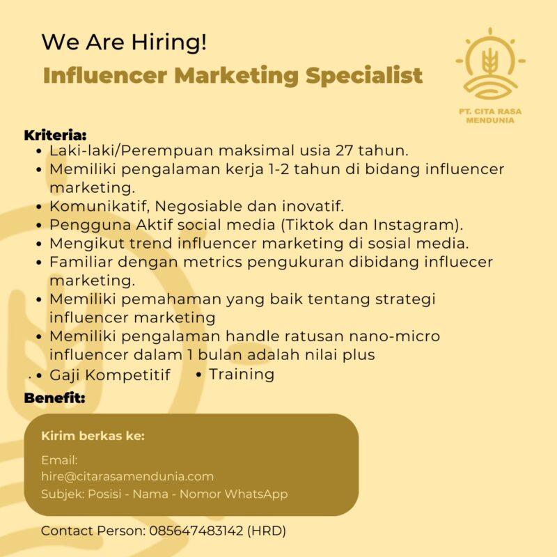 Lowongan Kerja Influencer Marketing Specialist di PT. Cita Rasa ...