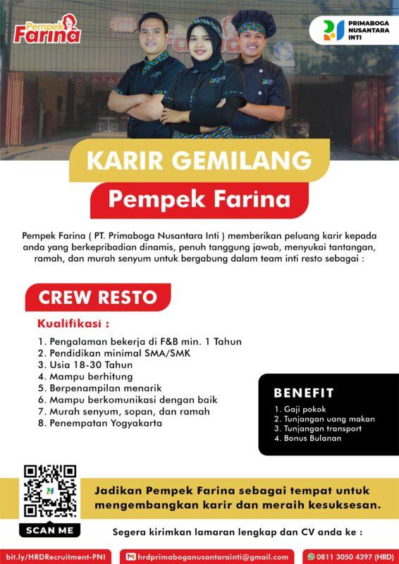 Lowongan Kerja Crew Resto di PT. Primaboga Nusantara Inti - LokerJogja.ID