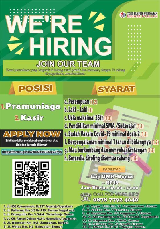Lowongan Kerja Pramuniaga - Kasir di Toko Plastik & Kemasan Enam Puluh - LokerJogja.ID
