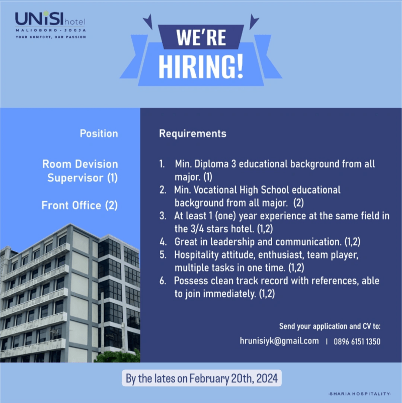 Lowongan Kerja Supervisor Room Division - Front Office - Security di Unisi Hotel - LokerJogja.ID