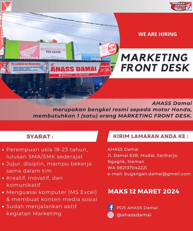 Lowongan Kerja Marketing Front Desk di AHASS Damai - LokerJogja.ID