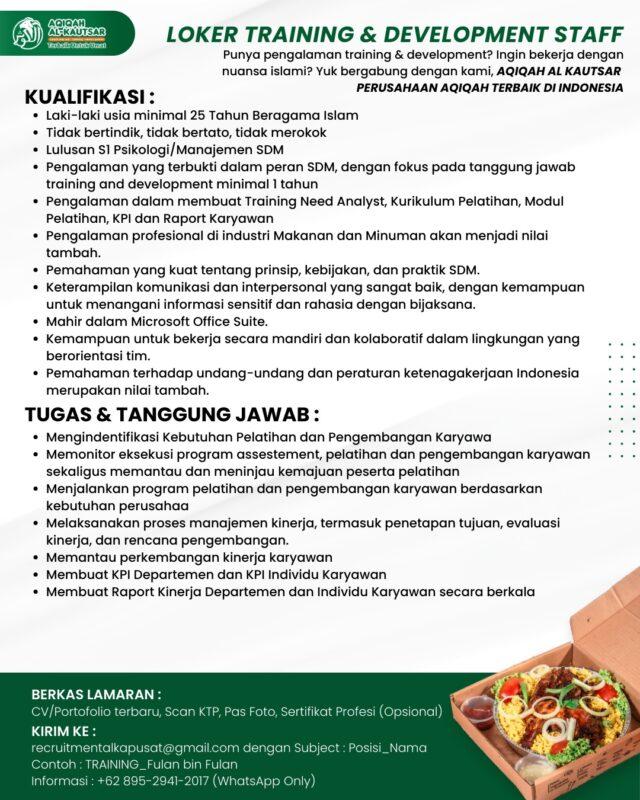 Lowongan Kerja Training & Development Staff di Aqiqah Al-Kautsar - LokerJogja.ID