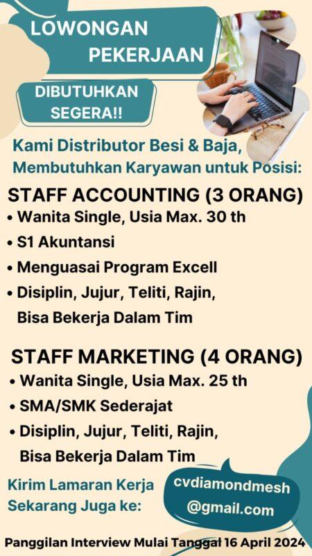 Lowongan Kerja Staff Accounting - Staff Marketing di CV. Diamond Mesh - LokerJogja.ID