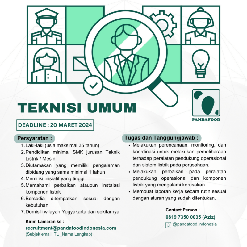 Lowongan Kerja Teknisi Umum - Tim Produksi di CV. Panda Food Indonesia - LokerJogja.ID