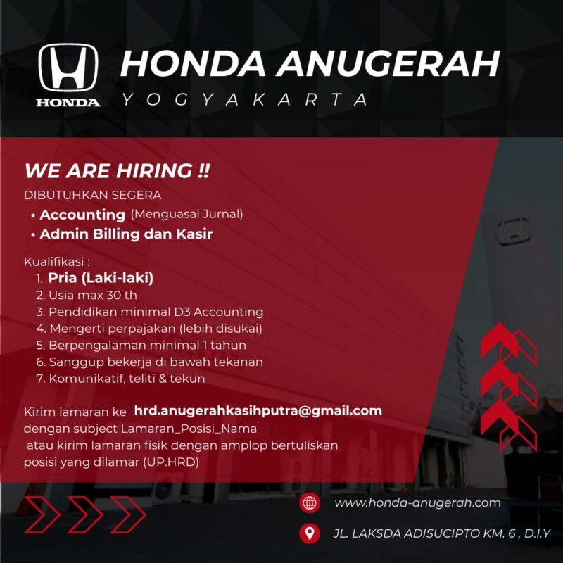 Lowongan Kerja Accounting - Admin Billing dan Kasir di Honda Anugerah Kasih Putera - LokerJogja.ID
