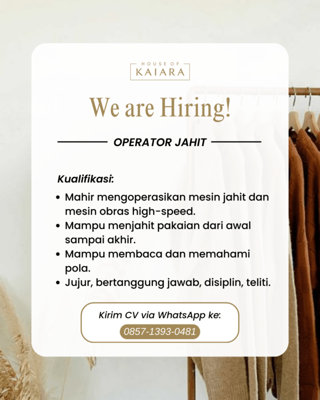 Lowongan Kerja Operator Jahit di House of Kaiara - LokerJogja.ID