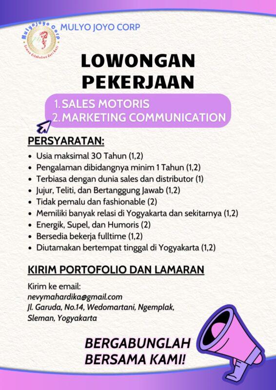 Lowongan Kerja Sales Motoris - Marketing Communication di CV. Mulyo ...