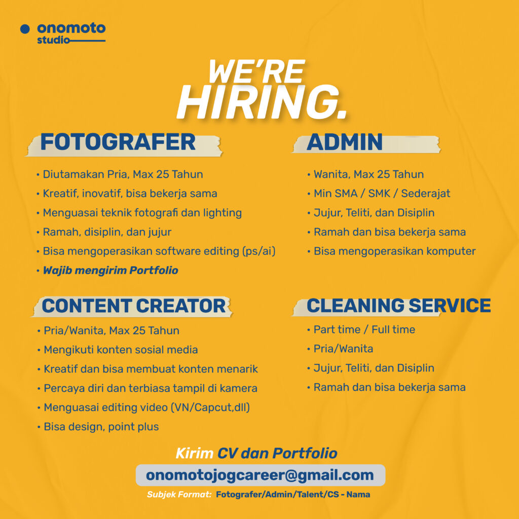 Lowongan Kerja Fotografer - ⁠Admin - ⁠⁠Content Creator/Talent - ⁠⁠Cleaning Service di Onomoto ...