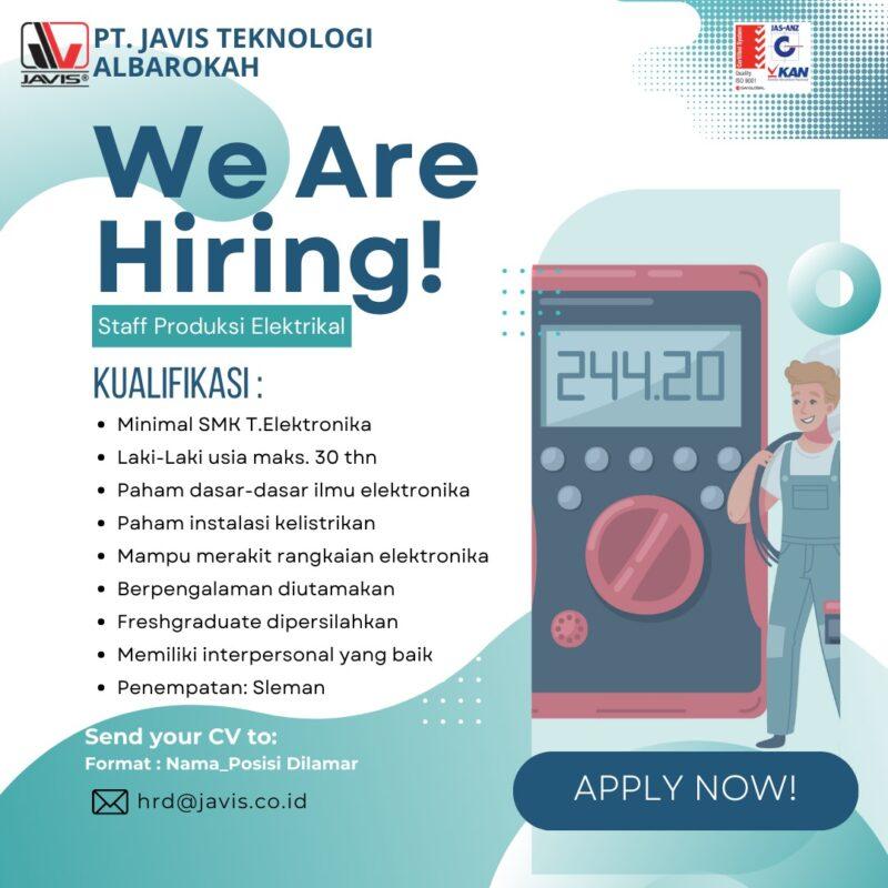 Lowongan Kerja Staff Produksi Elektrikal - Staff Proyek - Staff GA (General Affair) di PT. Javis ...