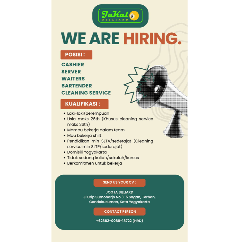 Lowongan Kerja Cashier - Server - Waiters - Bartender - Cleaning ...