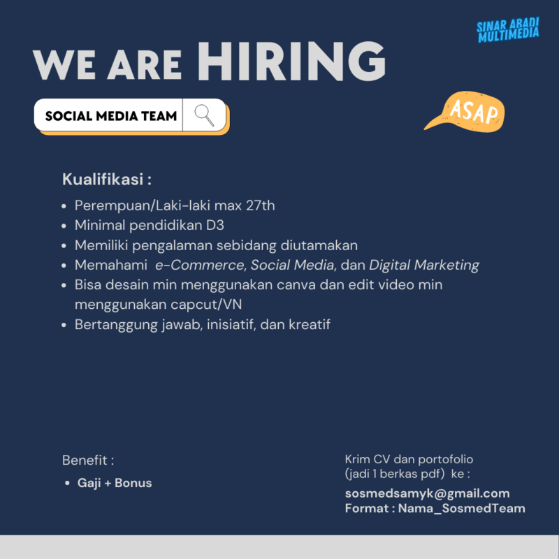 Lowongan Kerja Social Media Team - Marketing di CV. Sinar Abadi Multimedia - LokerJogja.ID