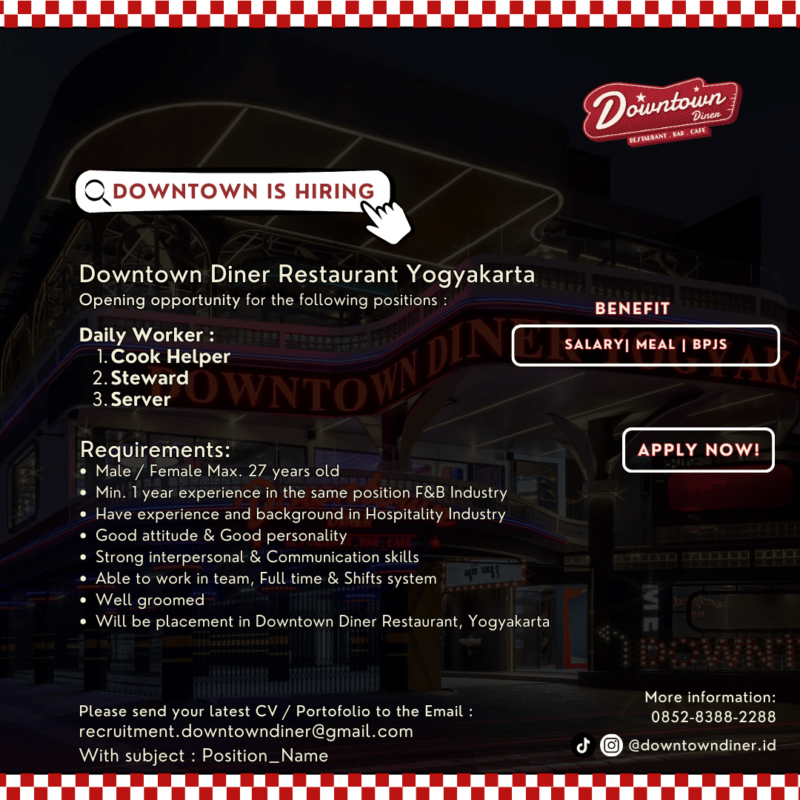 Lowongan Kerja Cook Helper - Steward - Server di Downtown Diner ...