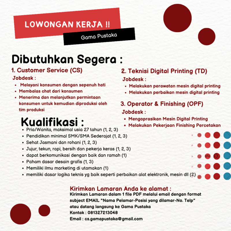 Lowongan Kerja Customer Service - Teknisi Digital Printing - Operator & Finishing di Gama ...