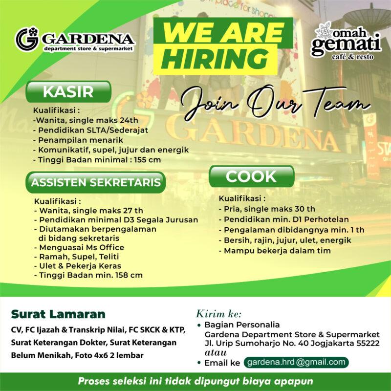 Lowongan Kerja Kasir - Asisten Sekretaris - Cook di PT. Gardena Graha - LokerJogja.ID