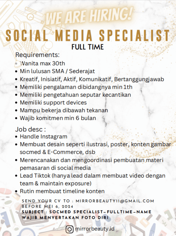 Lowongan Kerja Social Media Specialist di Mirror Beauty - LokerJogja.ID