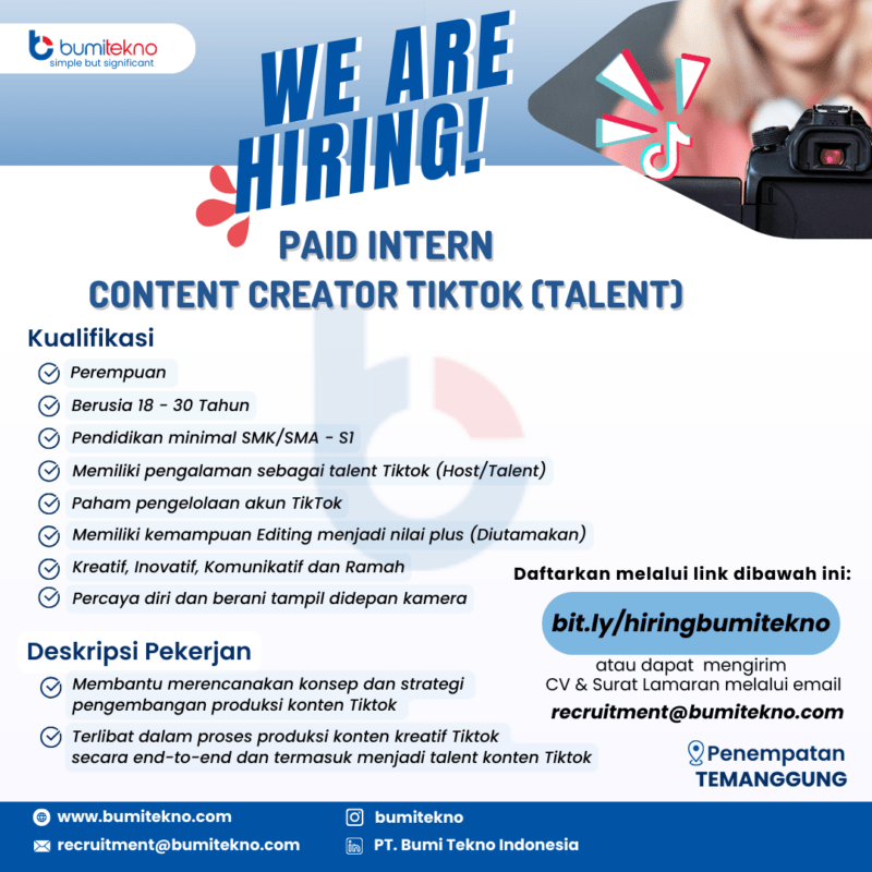 Lowongan Kerja Paid Intern Content Creator Tiktok (Talent) - Telesales - Technical Support ...