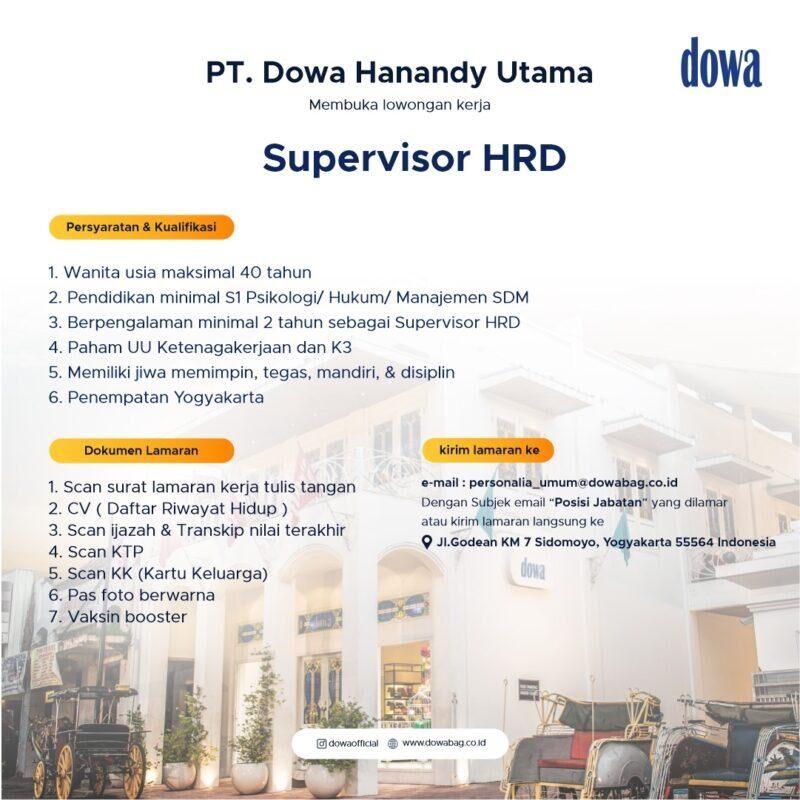 Lowongan Kerja Supervisor HRD - CS Online di PT. Dowa Hanandy Utama ...