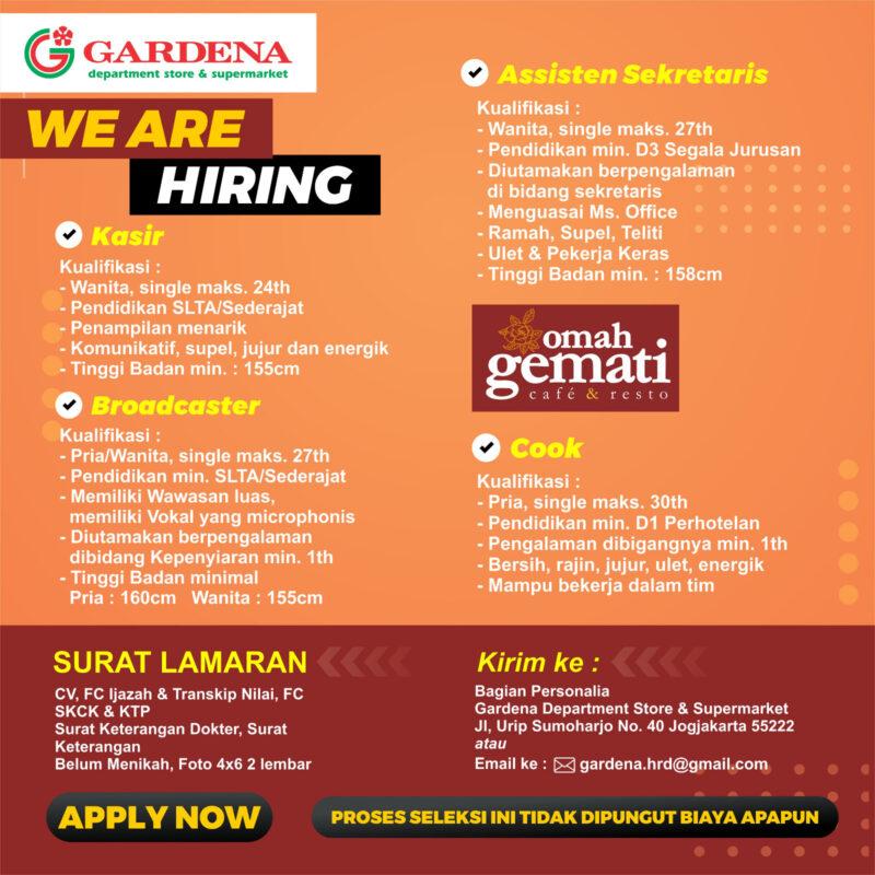 Lowongan Kerja Kasir - Broadcaster - Assisten Sekretaris - Cook di PT. Gardena Graha - LokerJogja.ID