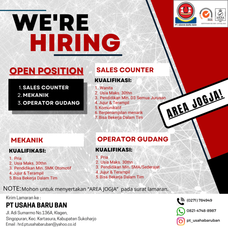 Lowongan Kerja Sales Counter - Mekanik - Operator Gudang di PT. Usaha Baru Ban - LokerJogja.ID