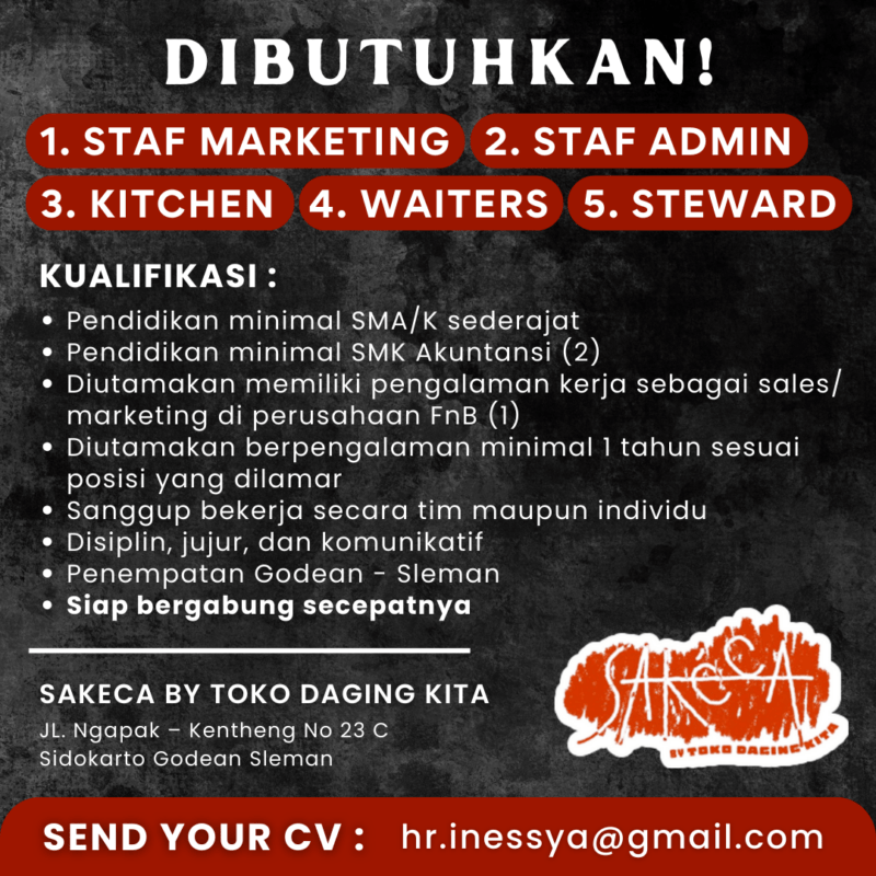 Lowongan Kerja Staf Marketing - Staf Admin - Kitchen - Waiters ...